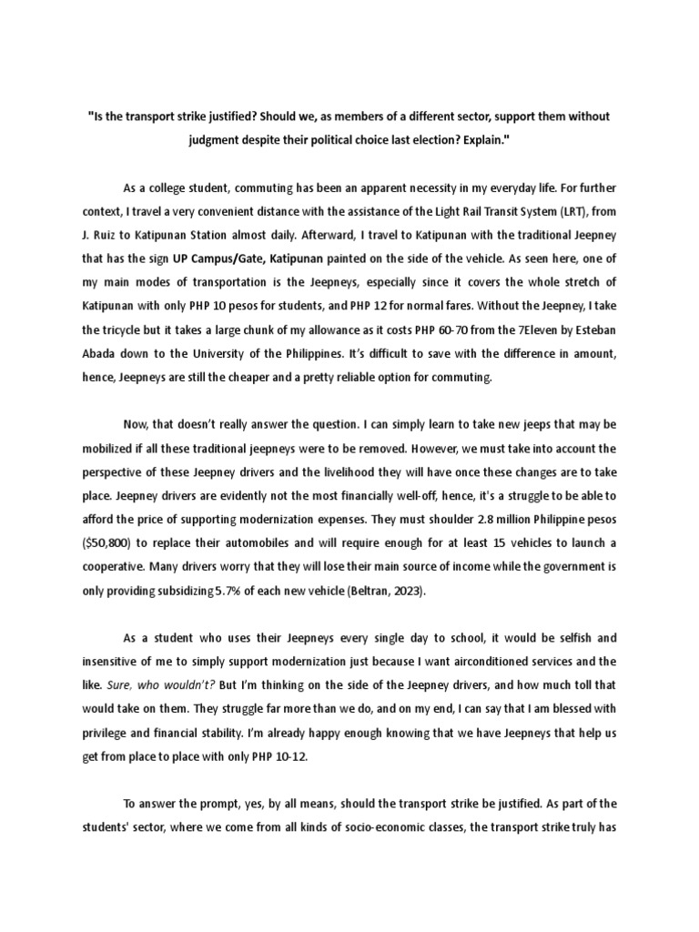 PHILO - Extra Credit Paper - Jeepney Strike | PDF | Light Rail | Commuting