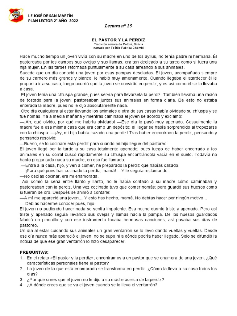 Plan Lector 2° El Pastor y La Perdiz | PDF