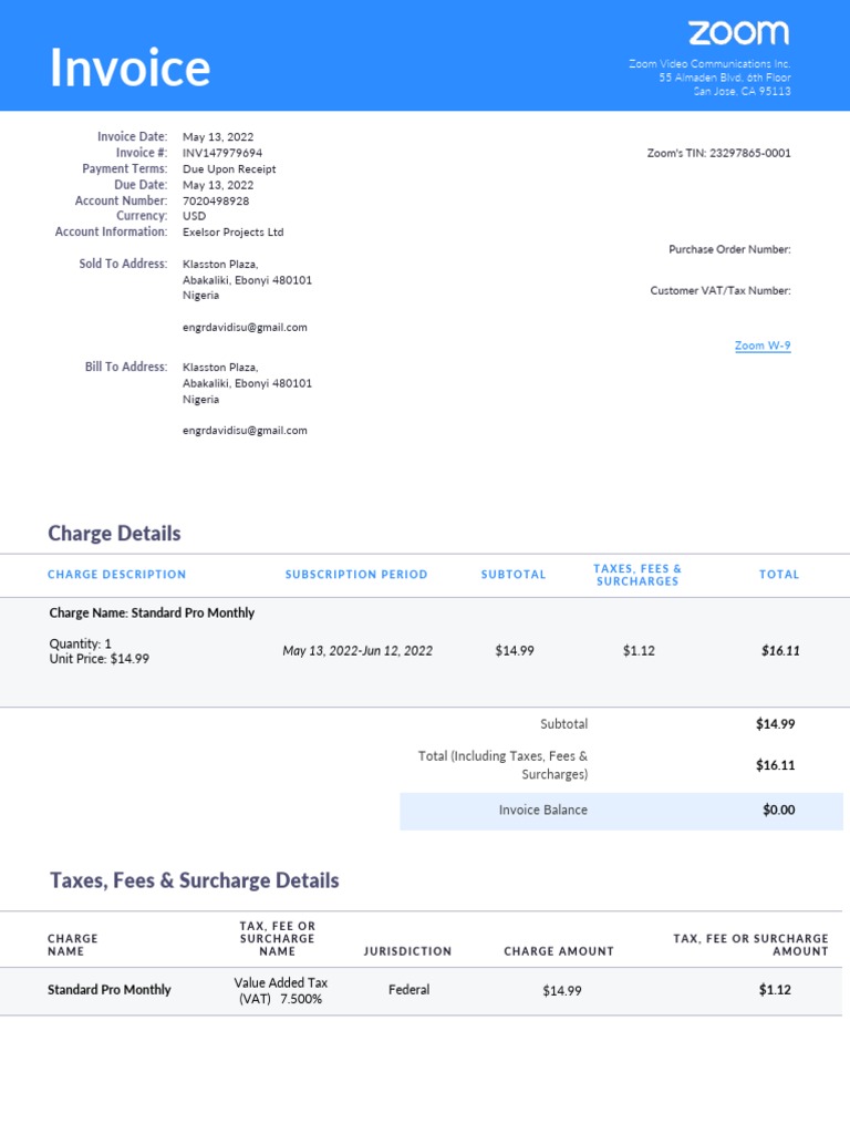 Zoom Invoicepdf | PDF | Invoice | Fee