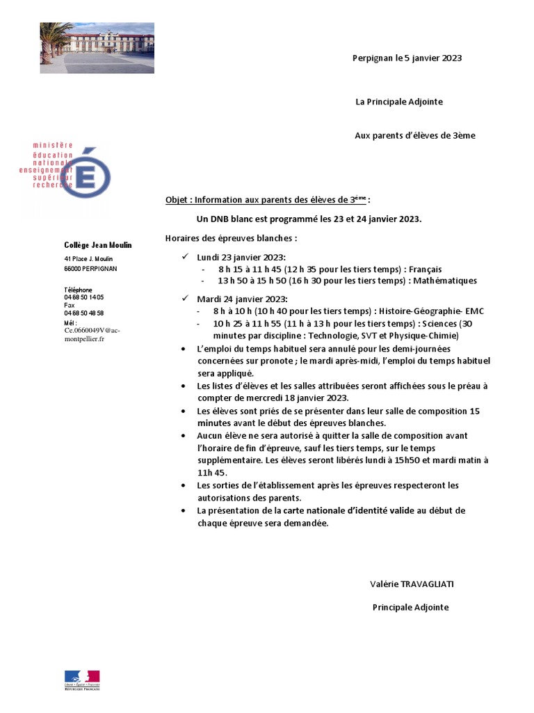 Courrier Parent Information DNB 01-2023 | PDF