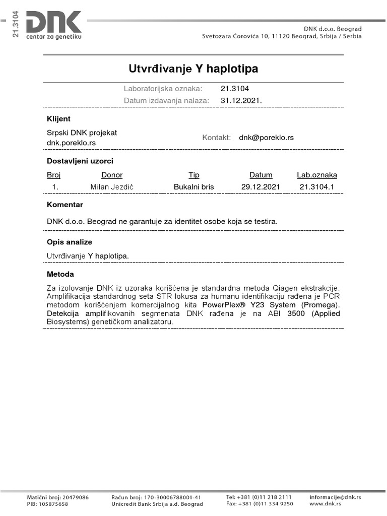 DNK - Nalaz Y - Haplotip POREKLO 3104 | PDF