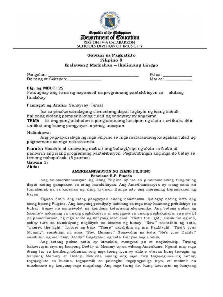 Gawain Sa Pagkatuto Filipino 8 Ikalawang Markahan - Ikalimang Linggo | PDF