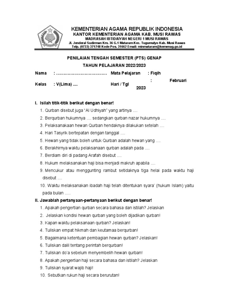 Soal PTS Fiqih Kelas 5 Genap | PDF
