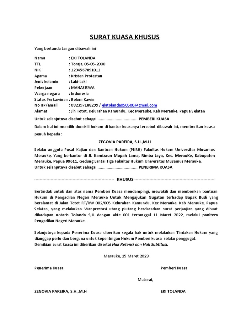 Contoh SURAT KUASA KHUSUS Perdata (Eki) | PDF