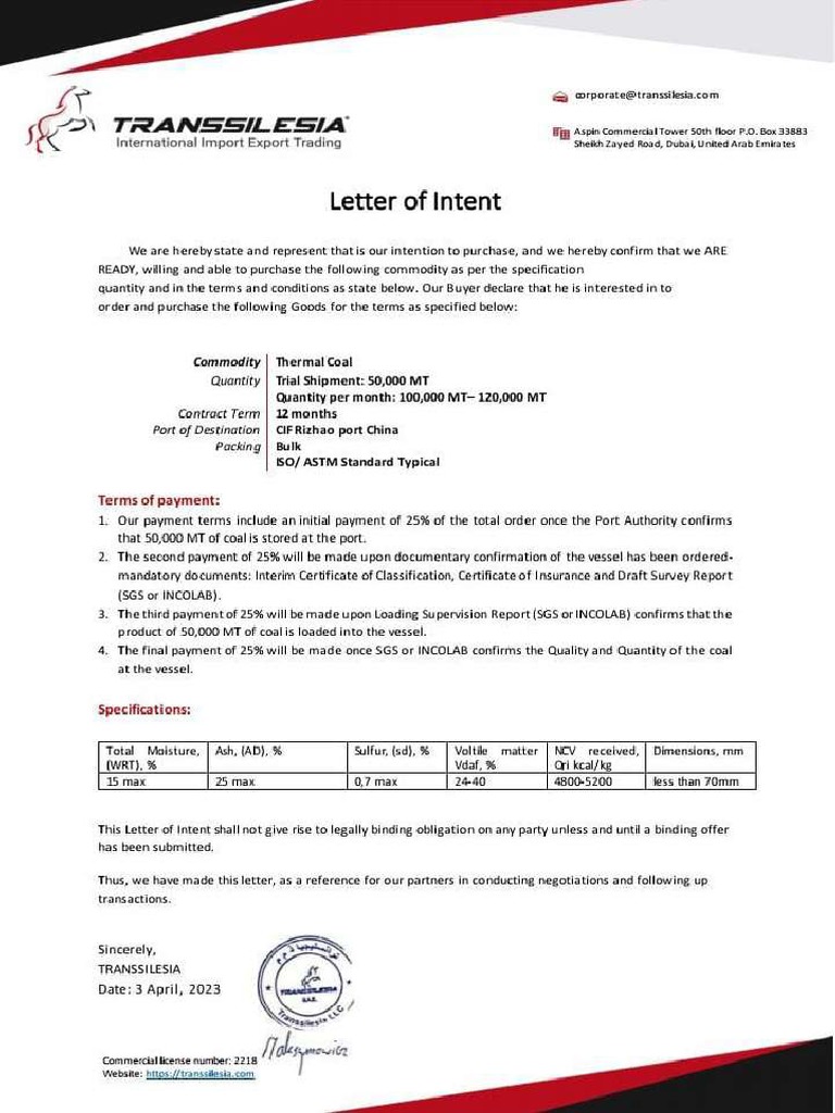 LOI by Transsilesia International Import Export Trading | PDF