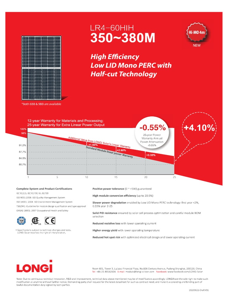 Datasheet Panel Solar 350 380W Mono HIH Longi | PDF