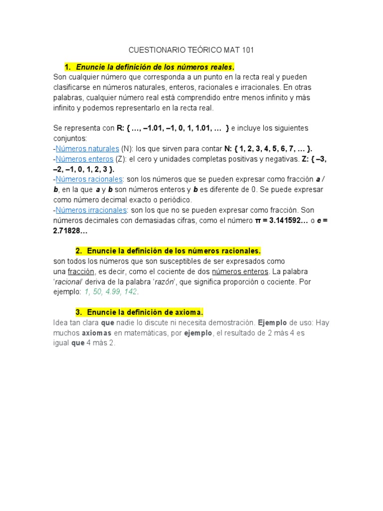 Cuestionario Teórico Mat 101 | PDF | Números | Función (Matemáticas)