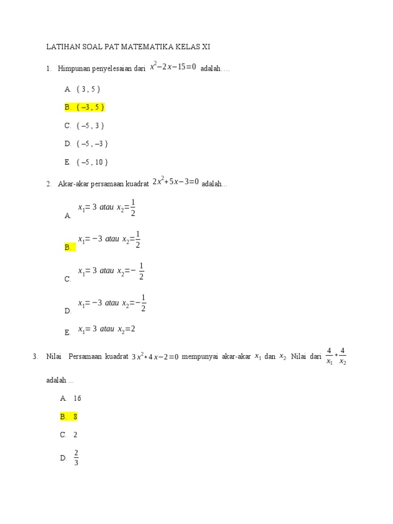 Latihan Soal Pat Matematika Kelas Xi | PDF