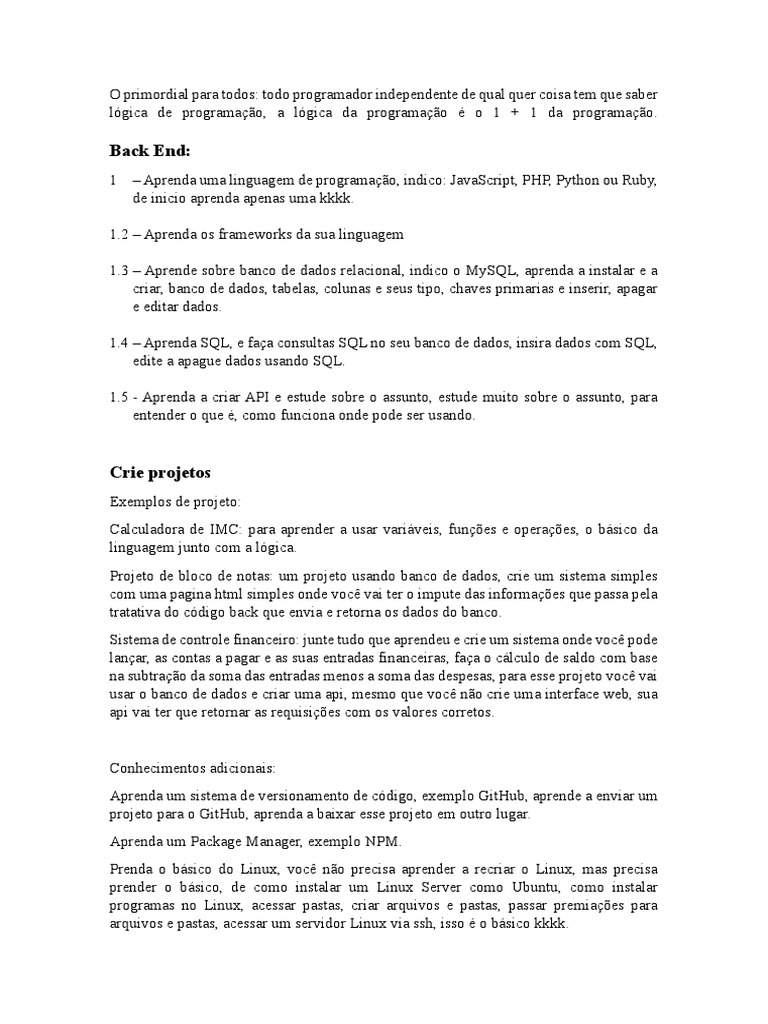 Para o Back End | Download grátis PDF | SQL | Bancos de dados