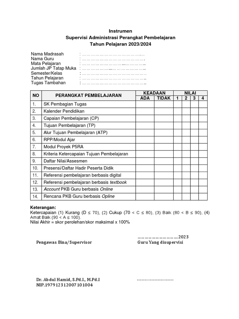 Instrumen Supervisi Administrasi Perangkat Pembelajaran 2023.2024 | PDF