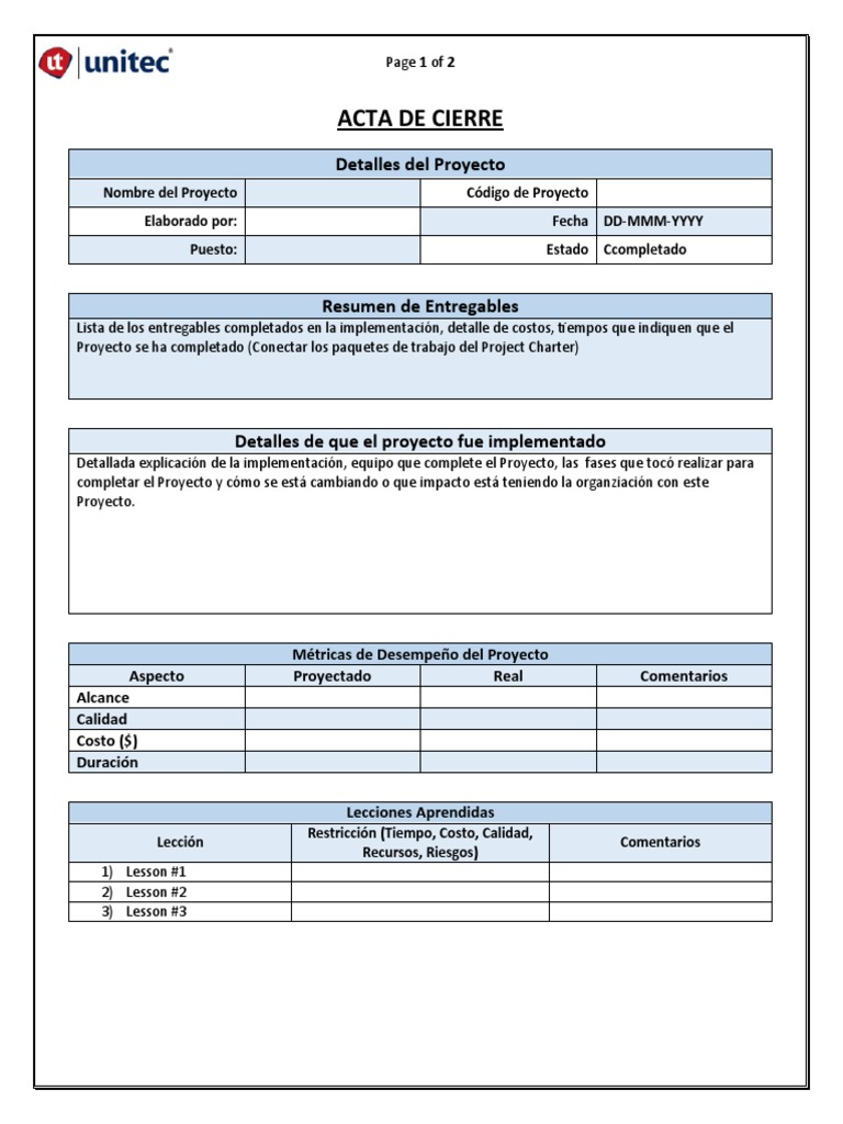Acta de Cierre Formato Ejemplo | PDF