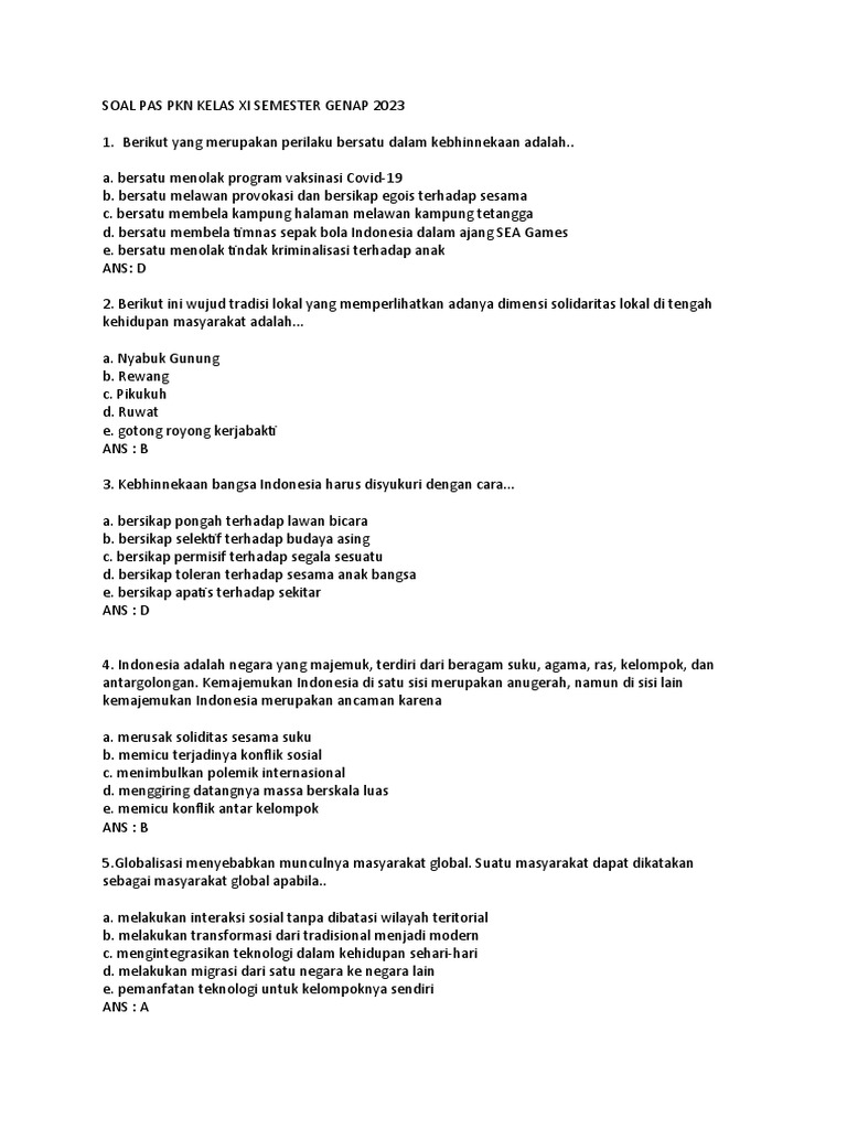 Soal PKN Kelas XI 2023 | PDF