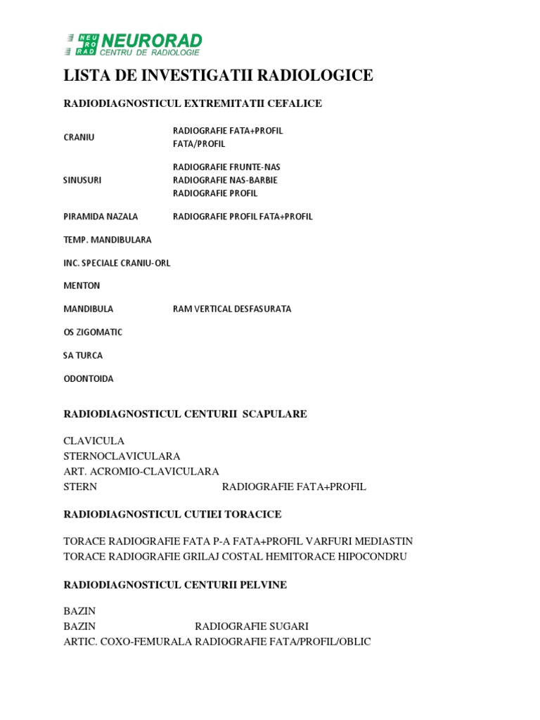 Lista Investigatii Radiologice | PDF