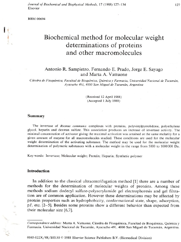 1 Biochemical Method For Molecular Weight Determinations of Proteins ...