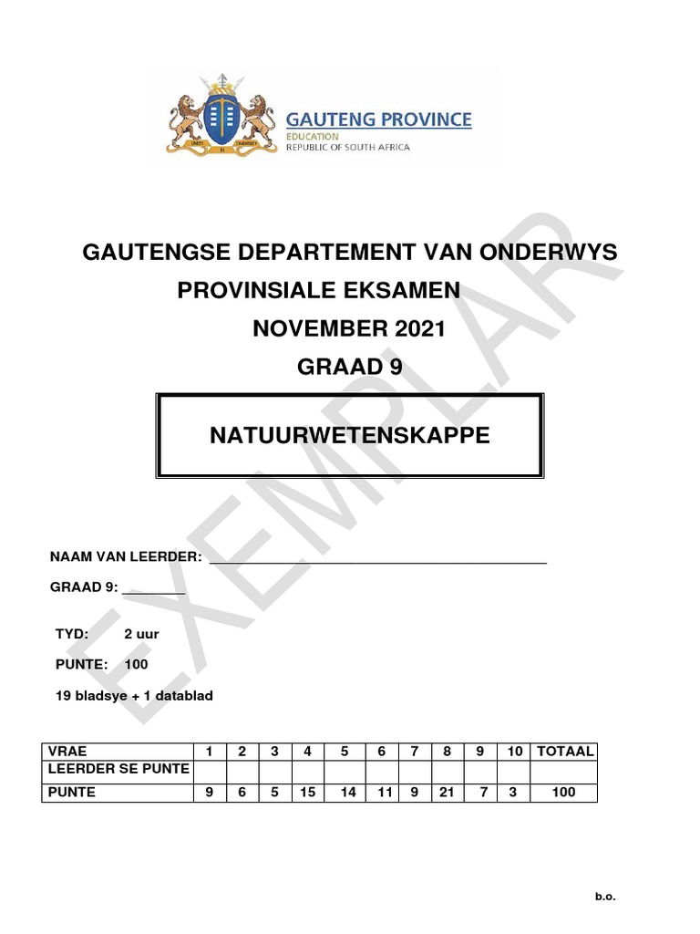 Grade 9 Provincial Examination Natural Sciences (Afrikaans) November ...