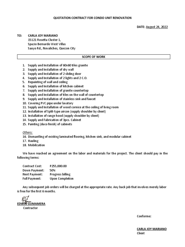 Quotation Contract For Condo Unit Renovation | PDF | Countertop | Sink