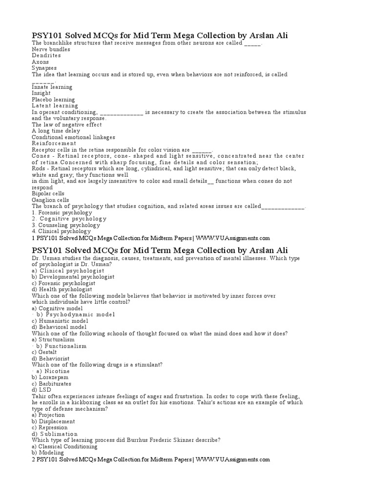 PSY101 Solved MCQs For Mid Term Mega Collection by Arslan Ali | PDF