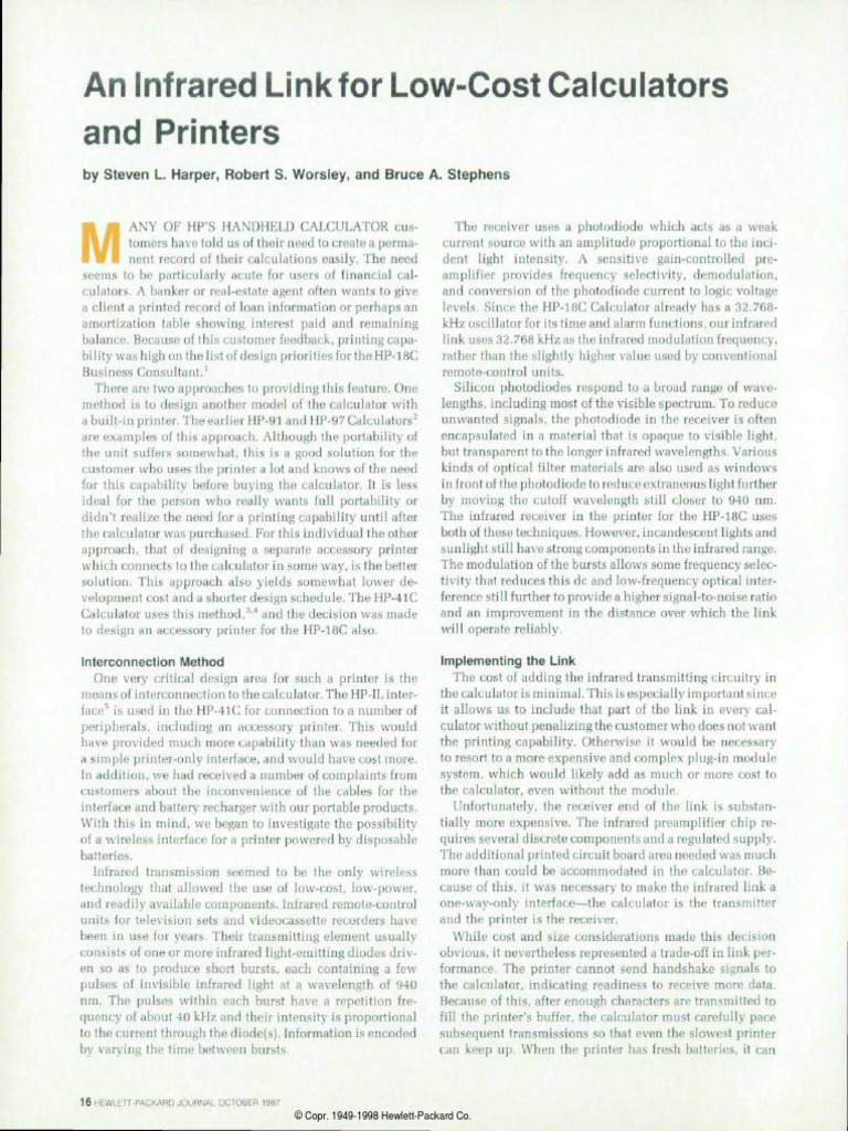 HP Journal 8710 An Infrared Link For Low-Cost Calculators and Printers ...
