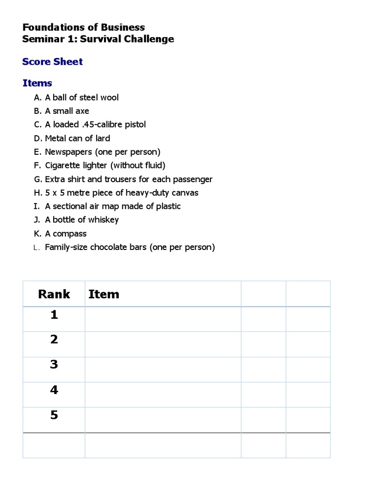 Survival Challenge Score Sheet | PDF