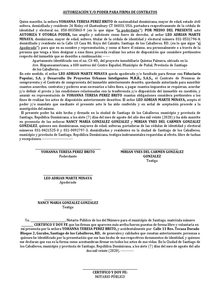 MODELO DE PODER DE REPRESENTACION PARA FIRMA DE CONTRATOS | PDF