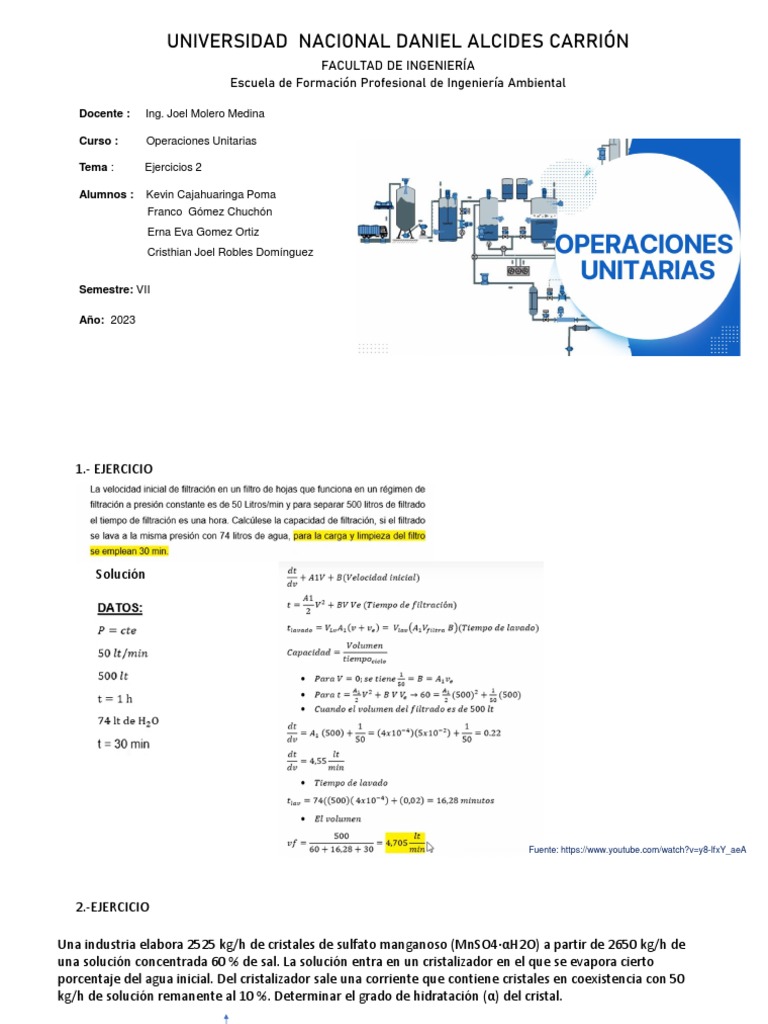 EJERCICIOS N°2 Operaciones Unitarias | PDF