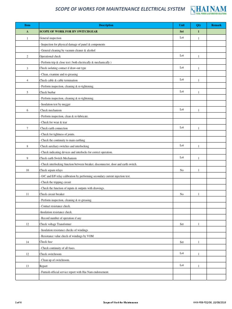 Scope of Work For Maintenance | PDF | Switch | Relay