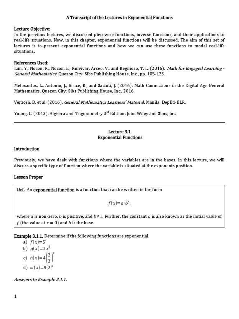 Lecture Transcript 3 (Exponential Functions) | PDF | Function (Mathematics) | Regression Analysis
