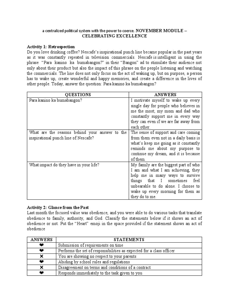 4 November - Excellence Worksheet (Autorecovered) | PDF | Psychology