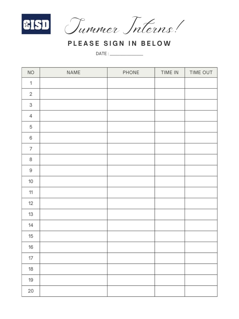Summer Intern Sign - in Sheet | PDF