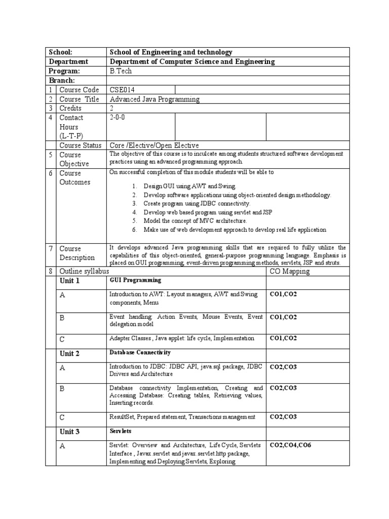 CSE014 - Advanced Java Programming | PDF