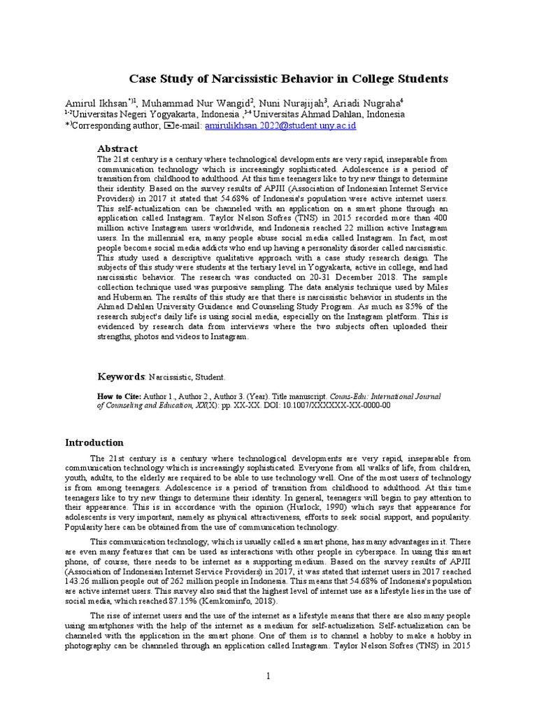 Case Study of Narcissistic Behavior in College Students | PDF