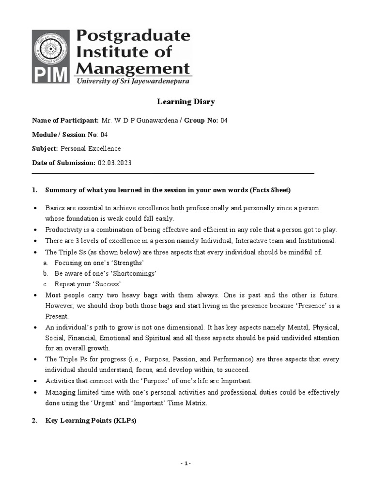 PIM MMDP - Learnign Diary (S. 04) - W D P Gunawardena | PDF | Thought ...