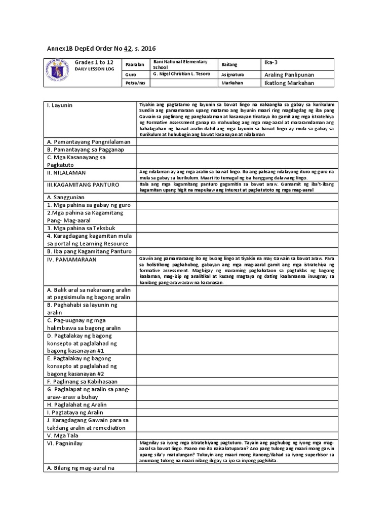 DLP Template Fil. Annex1B DepEd Order No.42.s.2016 | PDF | Wellness