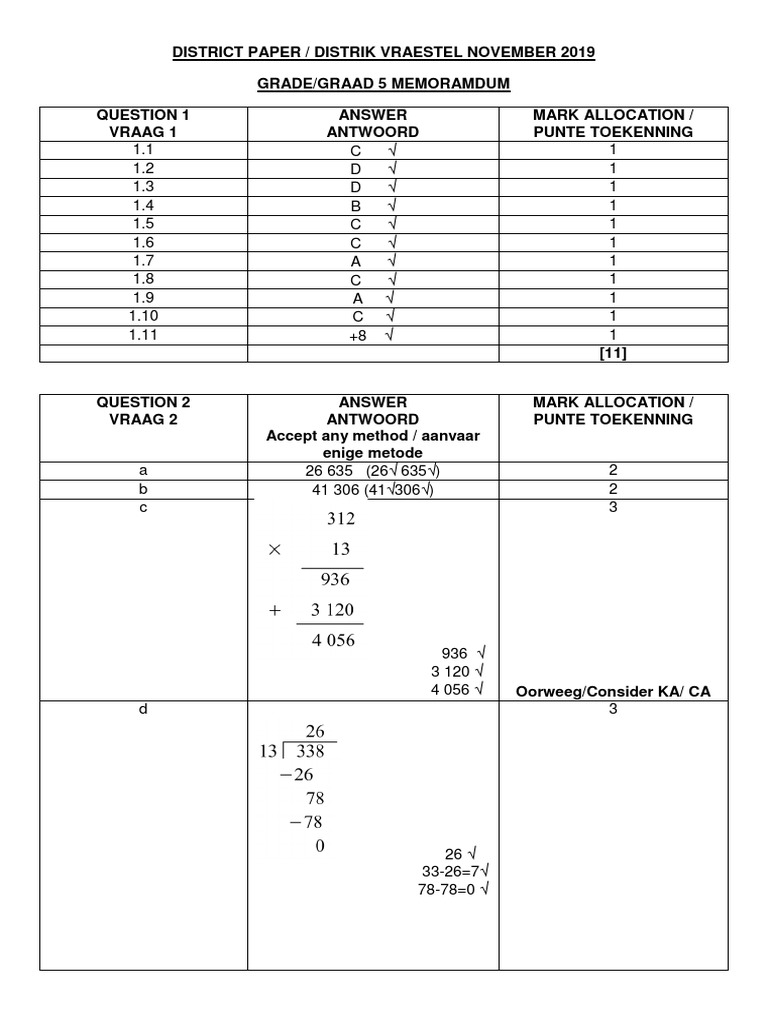 Grade 5 Maths November 2019 Memo | PDF