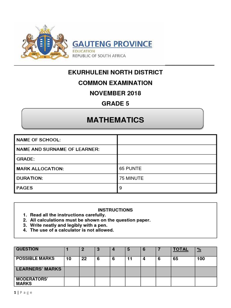 Grade 5 Maths Exam November 2018 | PDF | Litre | Mathematics