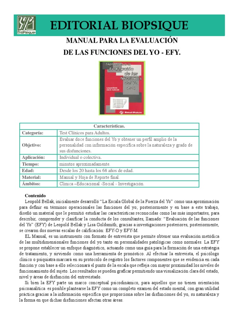 MMEA 9 Manual Evaluacion Funciones Del Yo EFY | PDF | Evaluación | Psicología clínica