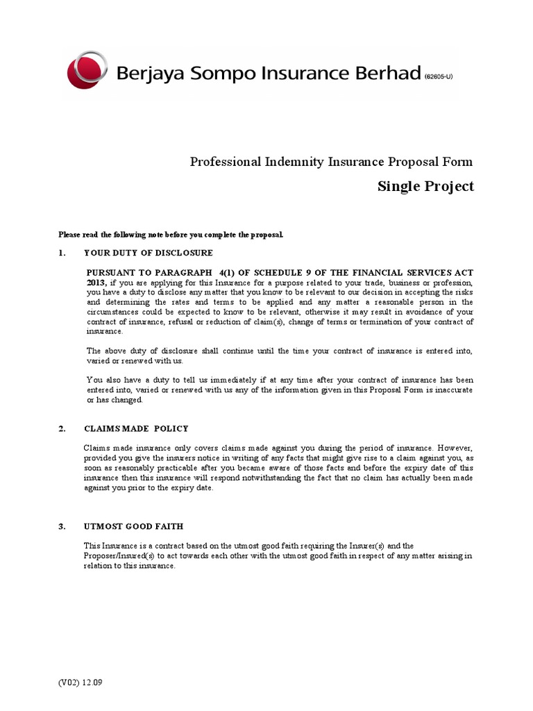 Professional Indemnity Single Project Proposal Form - AFamosa | PDF