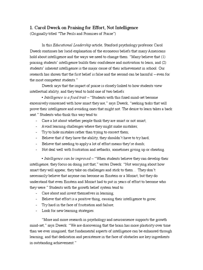 Growth Mindsets Dweck-Praise-Effort | PDF | Mindset | Psychology