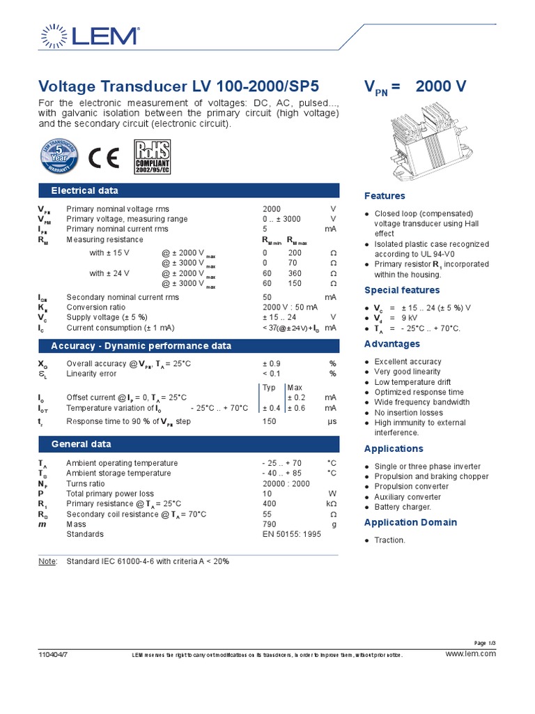 LV 100-2000/SP5 Voltage Transducer Specs | PDF | Voltage | Electrical ...