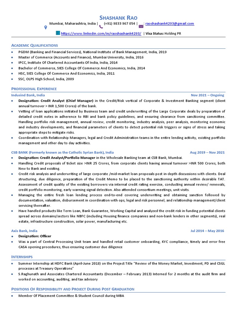 Shashank Rao CV - Canada Format | PDF | Loans | Banks