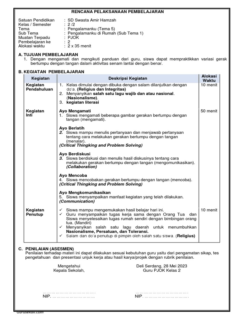 RPP Pjok Kelas 2 SD | PDF
