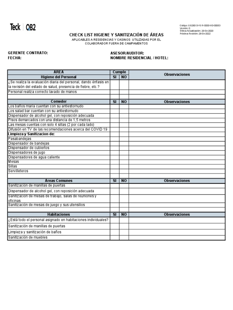 5. Check list Higuiene y sanitizacio╠ün de areas | PDF | Higiene | Salud pública