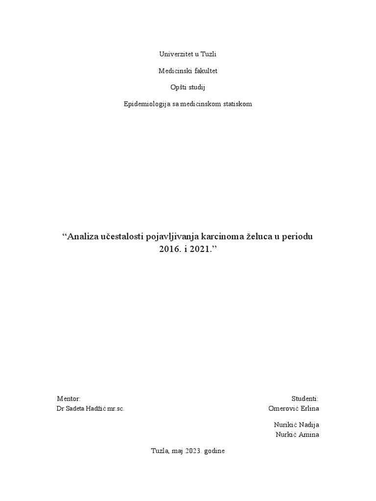 Karcinom Zeluca Epidemiologija | PDF