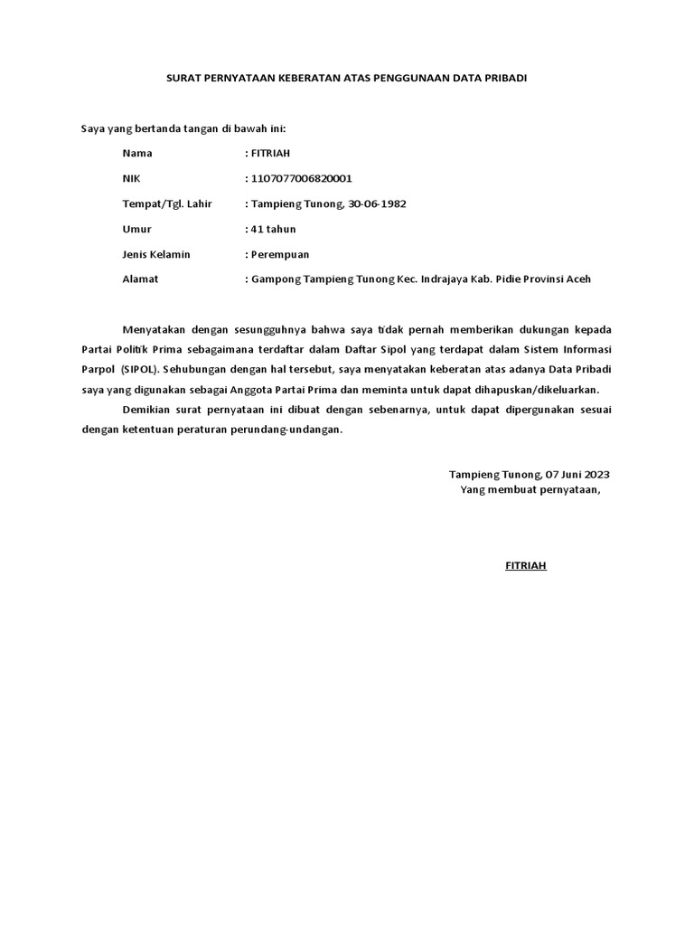 Surat Pernyataan Keberatan Atas Penggunaan Data Pribadi | PDF