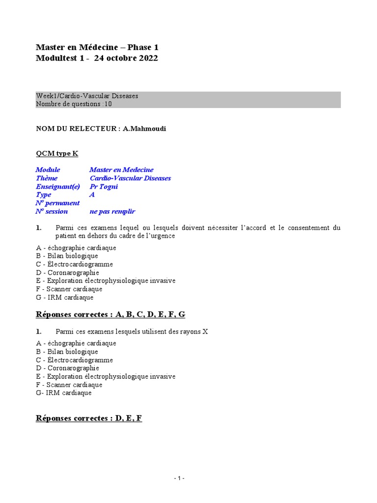QCM Examen Master en Médecine | PDF