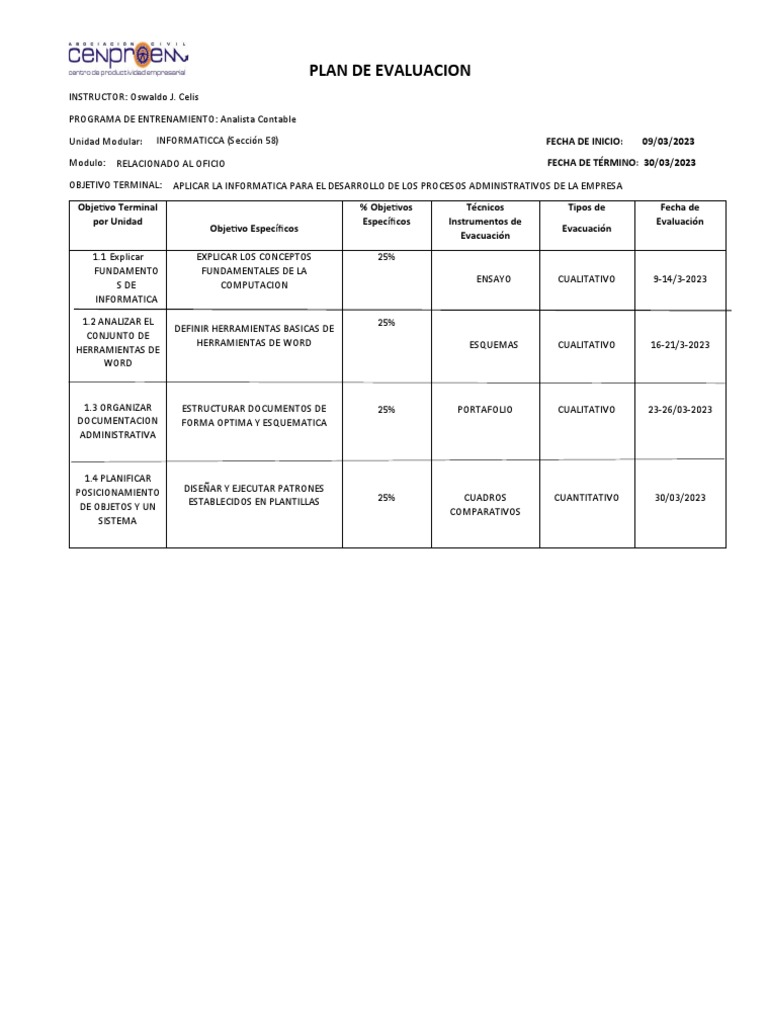 Plan de Evaluacion Marzo | PDF