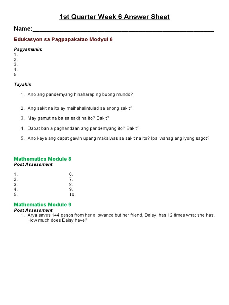1st Quarter Week 6 Answer Sheet | PDF | Philippines