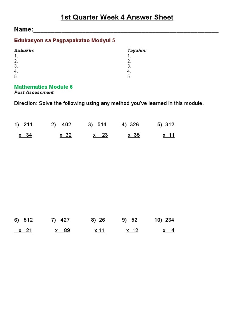 1sr Quarter Week 5 Answer Sheet | PDF