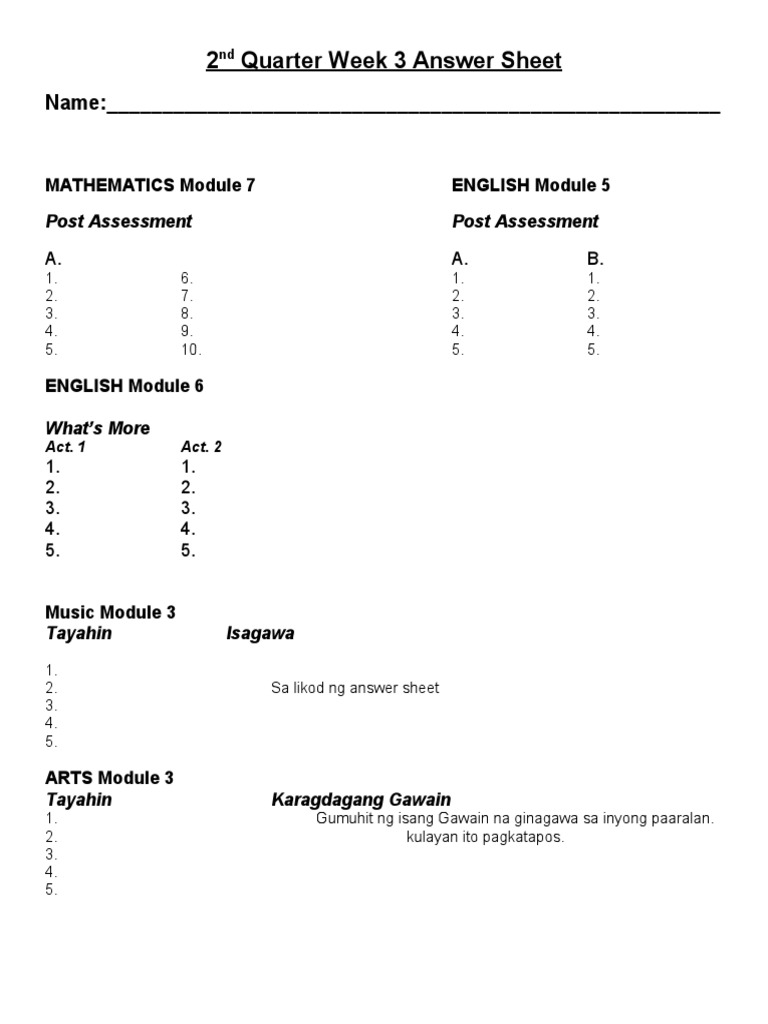 2nd Quarter Week 3 Answer Sheet | PDF