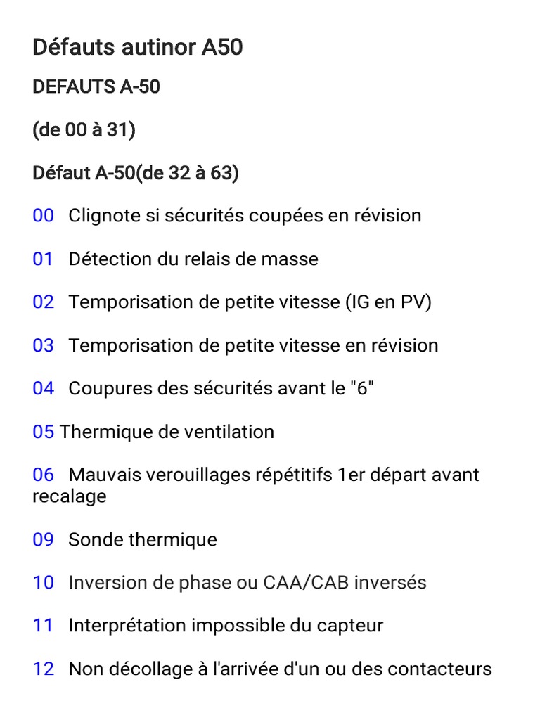 Codes Defauts Autinor A50 | PDF